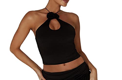 Sexy Tank Top for Women 3D Floral Tassels Ruffle Crop Top Y2K Slim Fitted Sleeveless Shirt Tee(ZW-Black,M)