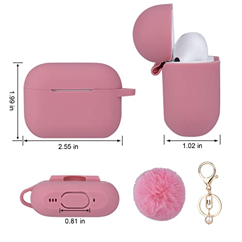 Pink Cute Case for AirPods Pro 2nd/1st Generation Cover with Pom pom, Full Protective Liquid Silicone Case for Women Men, Compatible with AirPods Pro 2022/2019, Accessories Keychain and Pom pom