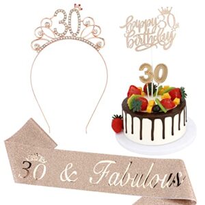 hapdoo 30th birthday decorations women, including 30th birthday rhinestone headband crown, 30&fabulous sash with pearl pin, happy birthday cake topper and number candles, 30th birthday gifts for women