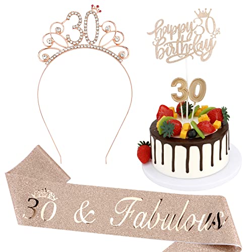 Hapdoo 30th Birthday Decorations women, Including 30th Birthday Rhinestone Headband Crown, 30&Fabulous Sash with Pearl Pin, Happy Birthday Cake Topper and Number Candles, 30th Birthday Gifts for women