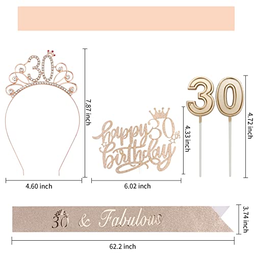 Hapdoo 30th Birthday Decorations women, Including 30th Birthday Rhinestone Headband Crown, 30&Fabulous Sash with Pearl Pin, Happy Birthday Cake Topper and Number Candles, 30th Birthday Gifts for women