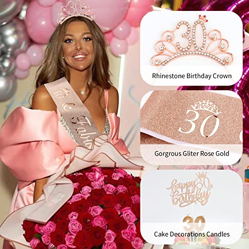 Hapdoo 30th Birthday Decorations women, Including 30th Birthday Rhinestone Headband Crown, 30&Fabulous Sash with Pearl Pin, Happy Birthday Cake Topper and Number Candles, 30th Birthday Gifts for women