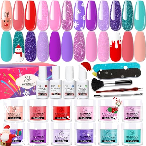 REDNEE 21pcs Dip Powder Nail Kit Starter - 12 Colors Spring Colors Acrylic Nail System with Tools for Manicure Nail Design RE38