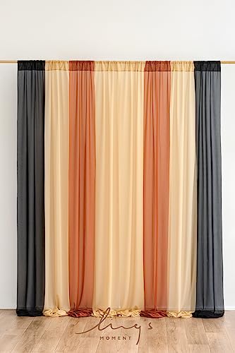 Ling's moment Ribbon Backdrop Curtains 50% Transparency 10ft x 10ft Chiffon Like Fabric for Wedding Arch Baby Shower Bridal Shower Ceremony Reception Halloween Decoration, Black & Terracotta