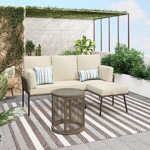 Green4ever Patio Furniture Set, Outdoor Sectional Furniture Sets with Woven Rope Accents and 4-Inch Cushions, L-Shaped Patio Conversation Sets with Detachable Lounger and Side Table