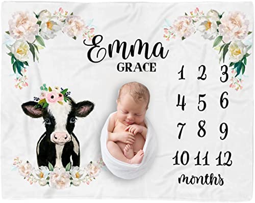 Personalized Cow Baby Blanket,Milestone Floral Cow Blankets,Cow Print Fleece Blanket,Cow Blanket Baby,Cow Print Baby Blanket,Cow Baby Security Blanket,Cow Throw Blanket,Baby Blanket Cow,Cows Blanket