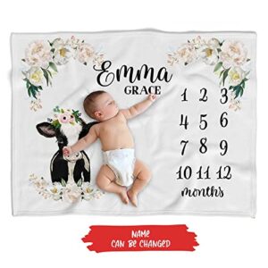 Personalized Cow Baby Blanket,Milestone Floral Cow Blankets,Cow Print Fleece Blanket,Cow Blanket Baby,Cow Print Baby Blanket,Cow Baby Security Blanket,Cow Throw Blanket,Baby Blanket Cow,Cows Blanket