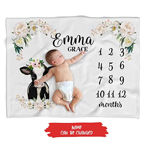 Personalized Cow Baby Blanket,Milestone Floral Cow Blankets,Cow Print Fleece Blanket,Cow Blanket Baby,Cow Print Baby Blanket,Cow Baby Security Blanket,Cow Throw Blanket,Baby Blanket Cow,Cows Blanket