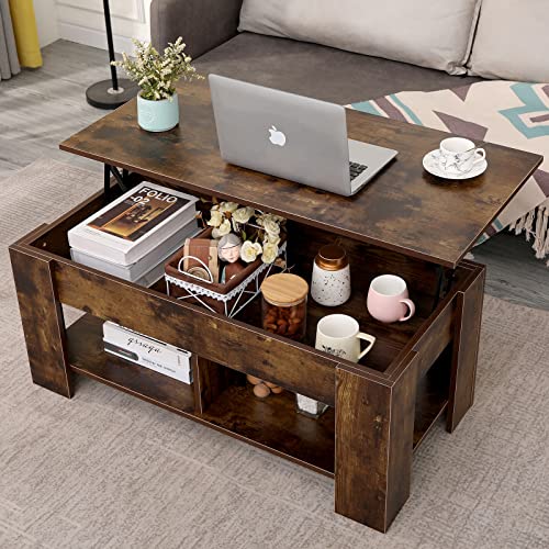 Lift Top Coffee Table with Storage, 2 Open Shelves and Hidden Compartment Lifting Center Table, Modern Wood Coffee Tables for Living Room Reception Room Office