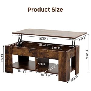 Lift Top Coffee Table with Storage, 2 Open Shelves and Hidden Compartment Lifting Center Table, Modern Wood Coffee Tables for Living Room Reception Room Office