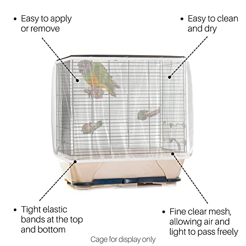 Tierecare Bird Cage Seed Catcher Stretchy Birdcage Skirt Reduce Mess Reusable Mesh Netting Accessories Cage Cover for Parakeet Round Square Cage - White