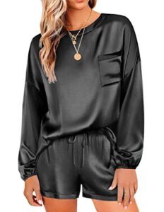 ekouaer silk pajama set for women two piece satin long sleeve and shorts pajama set summer sleepwear silk pj sets black small