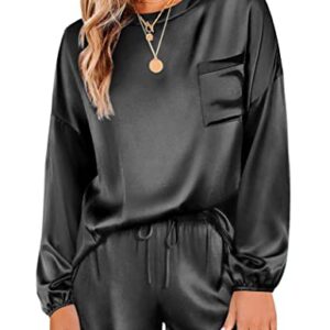 Ekouaer Silk Pajama Set for Women Two Piece Satin Long Sleeve and Shorts Pajama Set Summer Sleepwear Silk Pj Sets Black Small