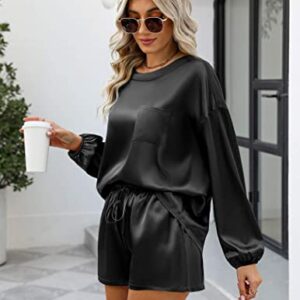 Ekouaer Silk Pajama Set for Women Two Piece Satin Long Sleeve and Shorts Pajama Set Summer Sleepwear Silk Pj Sets Black Small