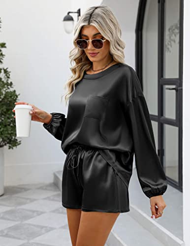 Ekouaer Silk Pajama Set for Women Two Piece Satin Long Sleeve and Shorts Pajama Set Summer Sleepwear Silk Pj Sets Black Small