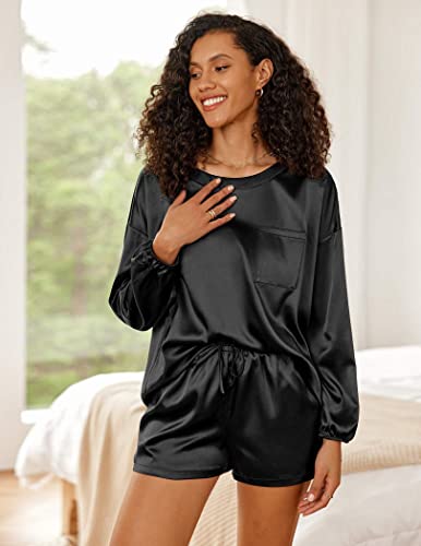 Ekouaer Silk Pajama Set for Women Two Piece Satin Long Sleeve and Shorts Pajama Set Summer Sleepwear Silk Pj Sets Black Small