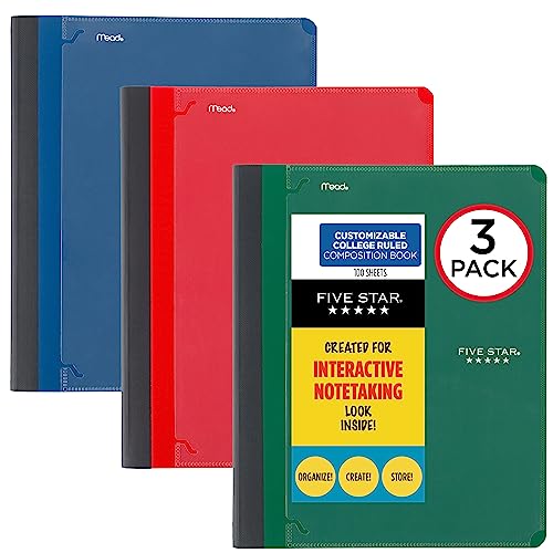 Five Star Interactive Notetaking Composition Books, 3 Pack, 1-Subject, College Ruled Paper, 11" x 8-1/2", 100 Sheets, Customizable Cover, Forest Green, Fire Red, Pacific Blue (850069-ECM)