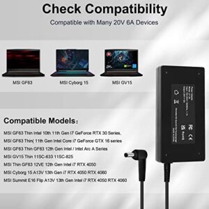 Juyoon 20V 6A Charger for MSI Thin GF63 13 12 11th Laptop MSI GV15 Thin MSI Cyborg 15 A12V A13V Summit E16 Flip A13V Power suply Cord(not fit 19.5V 6.15A Charger)