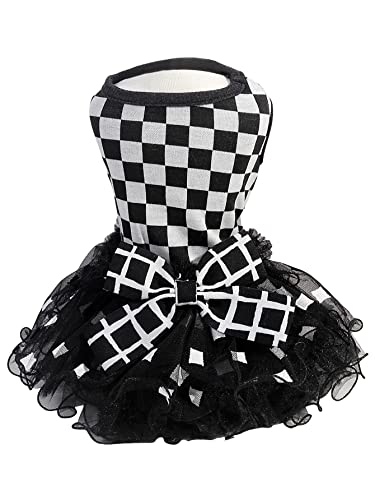 QWINEE Checkerboard Print Bow Decor Pet Dress Cat Dog Mesh Princess Dress Cute Puppy Dresses Pet Party Birthday Costume for Small Medium Large Girl Cats Dogs Kitten Black and White Medium