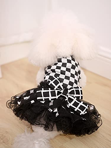 QWINEE Checkerboard Print Bow Decor Pet Dress Cat Dog Mesh Princess Dress Cute Puppy Dresses Pet Party Birthday Costume for Small Medium Large Girl Cats Dogs Kitten Black and White Medium