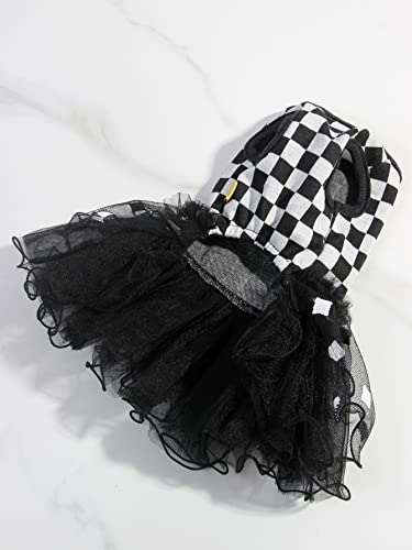 QWINEE Checkerboard Print Bow Decor Pet Dress Cat Dog Mesh Princess Dress Cute Puppy Dresses Pet Party Birthday Costume for Small Medium Large Girl Cats Dogs Kitten Black and White Medium