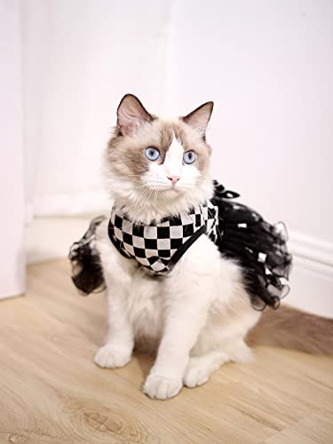 QWINEE Checkerboard Print Bow Decor Pet Dress Cat Dog Mesh Princess Dress Cute Puppy Dresses Pet Party Birthday Costume for Small Medium Large Girl Cats Dogs Kitten Black and White Medium