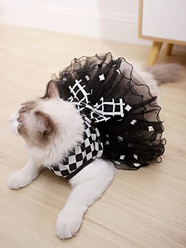 QWINEE Checkerboard Print Bow Decor Pet Dress Cat Dog Mesh Princess Dress Cute Puppy Dresses Pet Party Birthday Costume for Small Medium Large Girl Cats Dogs Kitten Black and White Medium