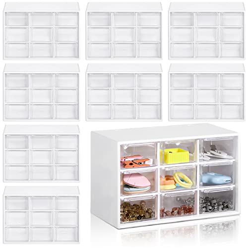 Rtteri 9 Pieces Mini Drawer Organizer Plastic Desktop Storage Box Desk Craft Organizer with 9 Clear Drawers for Office Home Jewelry Small Parts Belongings Cosmetics Collection, Wall Mounted (White)