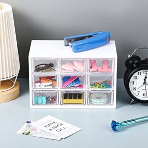 Rtteri 9 Pieces Mini Drawer Organizer Plastic Desktop Storage Box Desk Craft Organizer with 9 Clear Drawers for Office Home Jewelry Small Parts Belongings Cosmetics Collection, Wall Mounted (White)