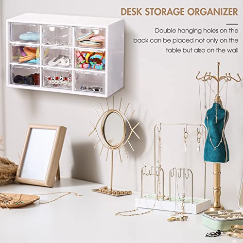 Rtteri 9 Pieces Mini Drawer Organizer Plastic Desktop Storage Box Desk Craft Organizer with 9 Clear Drawers for Office Home Jewelry Small Parts Belongings Cosmetics Collection, Wall Mounted (White)