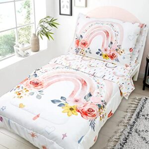 4 Pieces Toddler Bedding Set for Girls, Rainbow Toddler Comforter Set, Include Quilted Comforter, Flat Sheet, Fitted Sheet, Pillowcase, Ultra Soft and Breathable, Boho Floral, Pink