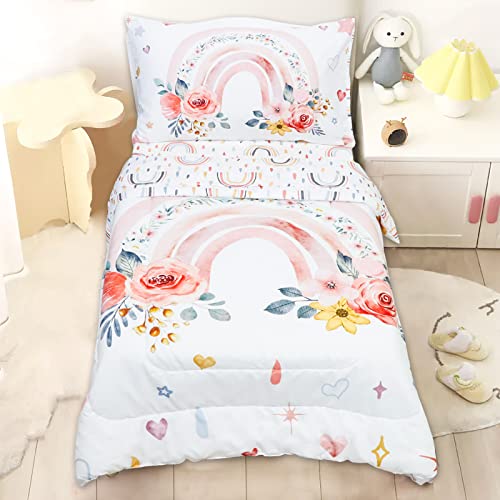 4 Pieces Toddler Bedding Set for Girls, Rainbow Toddler Comforter Set, Include Quilted Comforter, Flat Sheet, Fitted Sheet, Pillowcase, Ultra Soft and Breathable, Boho Floral, Pink