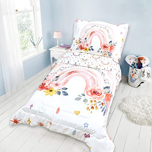 4 Pieces Toddler Bedding Set for Girls, Rainbow Toddler Comforter Set, Include Quilted Comforter, Flat Sheet, Fitted Sheet, Pillowcase, Ultra Soft and Breathable, Boho Floral, Pink