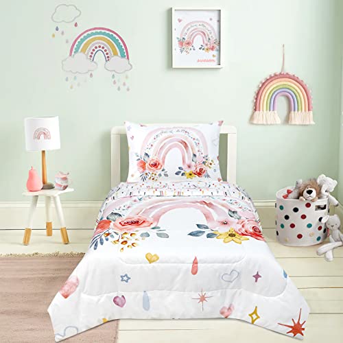 4 Pieces Toddler Bedding Set for Girls, Rainbow Toddler Comforter Set, Include Quilted Comforter, Flat Sheet, Fitted Sheet, Pillowcase, Ultra Soft and Breathable, Boho Floral, Pink