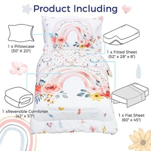 4 Pieces Toddler Bedding Set for Girls, Rainbow Toddler Comforter Set, Include Quilted Comforter, Flat Sheet, Fitted Sheet, Pillowcase, Ultra Soft and Breathable, Boho Floral, Pink