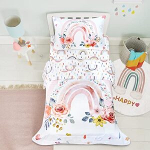 4 Pieces Toddler Bedding Set for Girls, Rainbow Toddler Comforter Set, Include Quilted Comforter, Flat Sheet, Fitted Sheet, Pillowcase, Ultra Soft and Breathable, Boho Floral, Pink