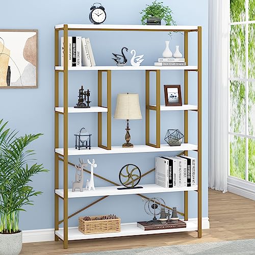 LVB Gold Book Shelf Organizer, Large Tall 6 Tier Bookshelves Storage, Big Modern Metal Wooden 6 Shelf Bookcase, Farmhouse Open Display Vertical Bookshelf for Bedroom Living Room Office, White and Gold