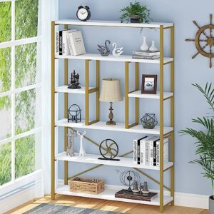 lvb gold book shelf organizer, large tall 6 tier bookshelves storage, big modern metal wooden 6 shelf bookcase, farmhouse open display vertical bookshelf for bedroom living room office, white and gold