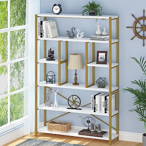 LVB Gold Book Shelf Organizer, Large Tall 6 Tier Bookshelves Storage, Big Modern Metal Wooden 6 Shelf Bookcase, Farmhouse Open Display Vertical Bookshelf for Bedroom Living Room Office, White and Gold