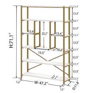 LVB Gold Book Shelf Organizer, Large Tall 6 Tier Bookshelves Storage, Big Modern Metal Wooden 6 Shelf Bookcase, Farmhouse Open Display Vertical Bookshelf for Bedroom Living Room Office, White and Gold