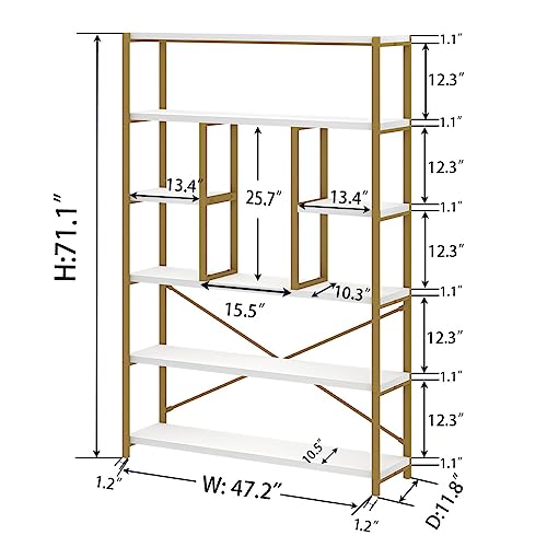 LVB Gold Book Shelf Organizer, Large Tall 6 Tier Bookshelves Storage, Big Modern Metal Wooden 6 Shelf Bookcase, Farmhouse Open Display Vertical Bookshelf for Bedroom Living Room Office, White and Gold