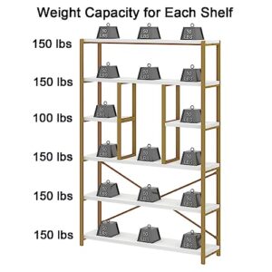 LVB Gold Book Shelf Organizer, Large Tall 6 Tier Bookshelves Storage, Big Modern Metal Wooden 6 Shelf Bookcase, Farmhouse Open Display Vertical Bookshelf for Bedroom Living Room Office, White and Gold