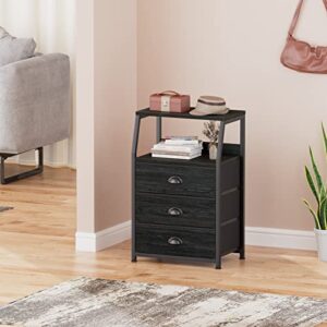 Furnulem Black Dresser for Bedroom, Small Nightstand with 3 Fabric Storage Drawers and 2-Tier Shelf, End Table Side Furniture for Closet, Hallway, Nursery, Sturdy Steel Frame, Wood Top (Black Oak)