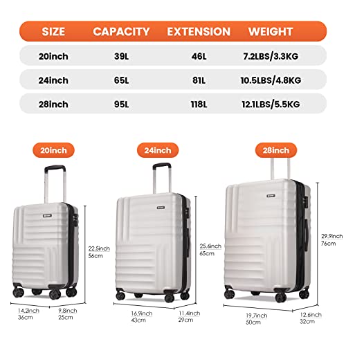 GinzaTravel Luggage Sets 3 Piece PC ABS Hardside Lightweight Suitcase with 4 Universal Wheels TSA Lock Carry On 20 25 29 InchGiant series-01 (Silver, 3-Piece Set(20"/25"/29"))