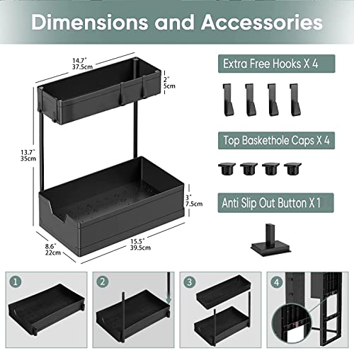 PUSU Under Sink Organizers and Storage, L-Shape Bathroom Organizer, Under Cabinet Organizer Bottom Pull Out Sliding Drawers, 2 Tier Under Sink Organizer with 4 Hooks for Bathroom Kitchen Laundry