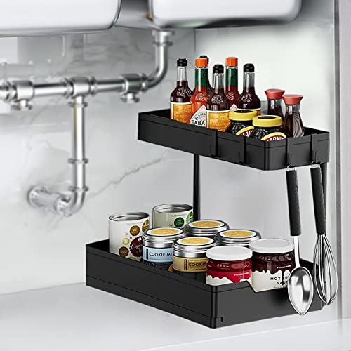 PUSU Under Sink Organizers and Storage, L-Shape Bathroom Organizer, Under Cabinet Organizer Bottom Pull Out Sliding Drawers, 2 Tier Under Sink Organizer with 4 Hooks for Bathroom Kitchen Laundry