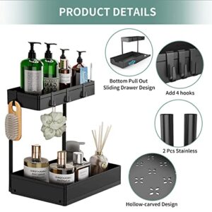 PUSU Under Sink Organizers and Storage, L-Shape Bathroom Organizer, Under Cabinet Organizer Bottom Pull Out Sliding Drawers, 2 Tier Under Sink Organizer with 4 Hooks for Bathroom Kitchen Laundry