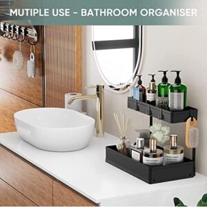 PUSU Under Sink Organizers and Storage, L-Shape Bathroom Organizer, Under Cabinet Organizer Bottom Pull Out Sliding Drawers, 2 Tier Under Sink Organizer with 4 Hooks for Bathroom Kitchen Laundry