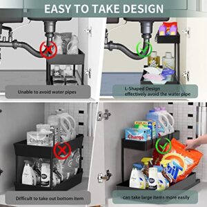 PUSU Under Sink Organizers and Storage, L-Shape Bathroom Organizer, Under Cabinet Organizer Bottom Pull Out Sliding Drawers, 2 Tier Under Sink Organizer with 4 Hooks for Bathroom Kitchen Laundry