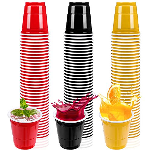 Pinkunn 600 Pcs 2 oz Plastic Shot Glasses Red Black Gold Shot Cups Disposable Plastic Cups Mini Party Cups Tasting Sample Cups for BBQ Picnic Camping Wedding Birthday Christmas Drinking Serving Snack